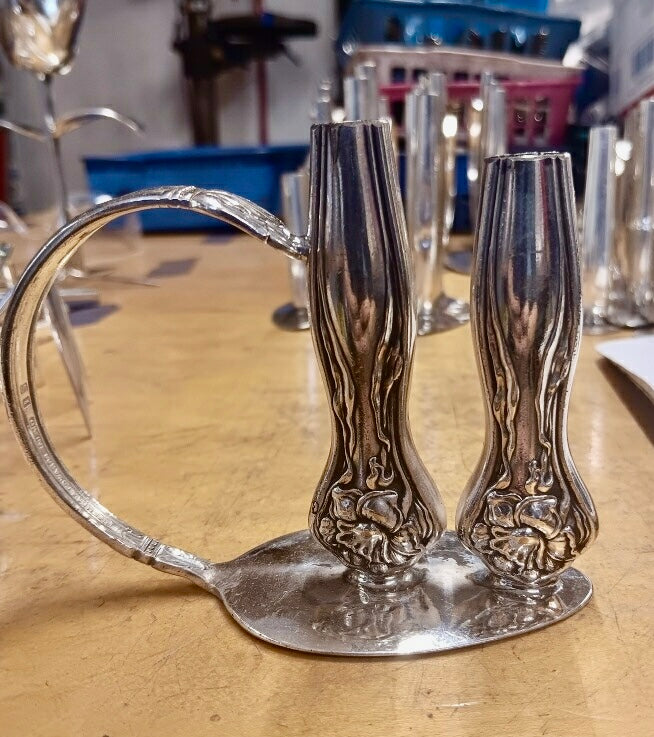 Silver Flower Bud Vase- Double, Vintage Silverware Metal Art Sculpture ...