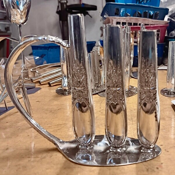Silver Flower Bud Vase- Triple, Vintage Silverware Metal Art Sculpture ...
